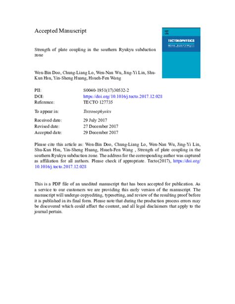 Pdf Strength Of Plate Coupling In The Southern Ryukyu Subduction Zone