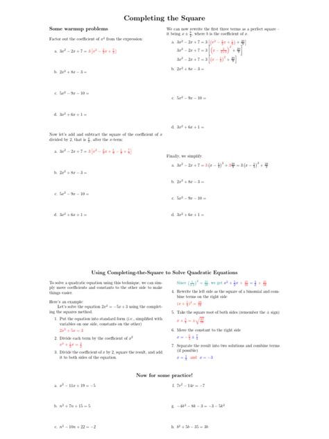 Quadratic Equations Completing The Square Pdf Mathematical Objects Algebra