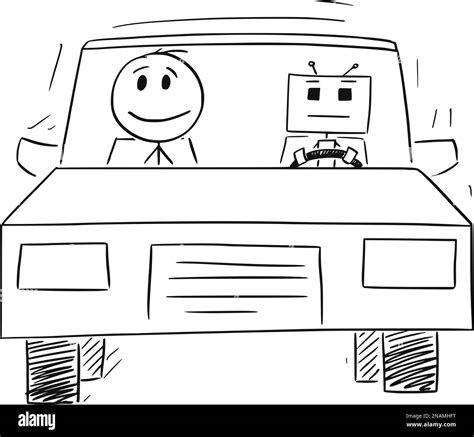 robot or ai driving autonomous car vector cartoon stick figure