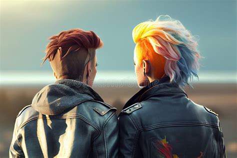 Beautiful Lesbian Young Couple Gently Lovingly Hugging With Rainbow
