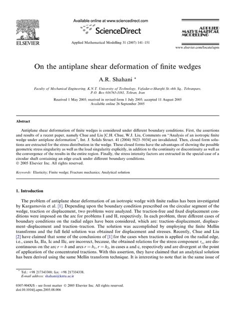 On The Antiplane Shear Deformation Of Finite 2007 App Lied Mathematical Mode Pdf