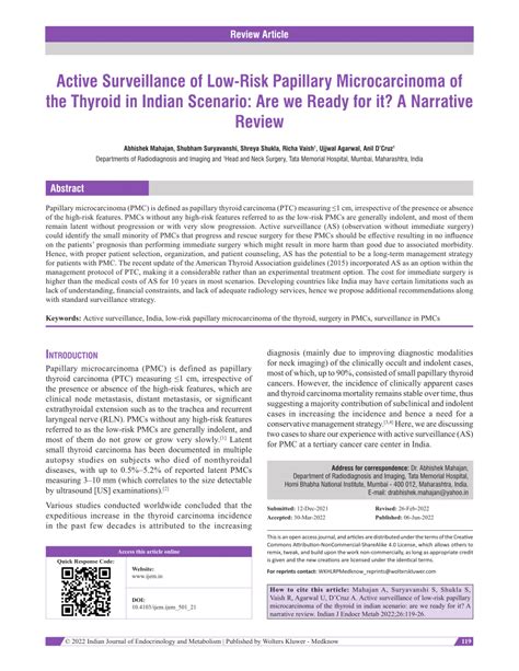 PDF Active Surveillance Of Low Risk Papillary Microcarcinoma Of The Thyroid In Indian Scenario