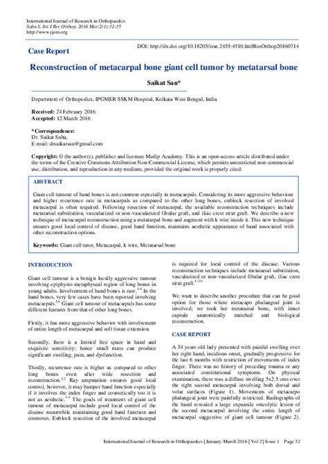 Pdf Reconstruction Of Metacarpal Bone Giant Cell Tumor By Metatarsal