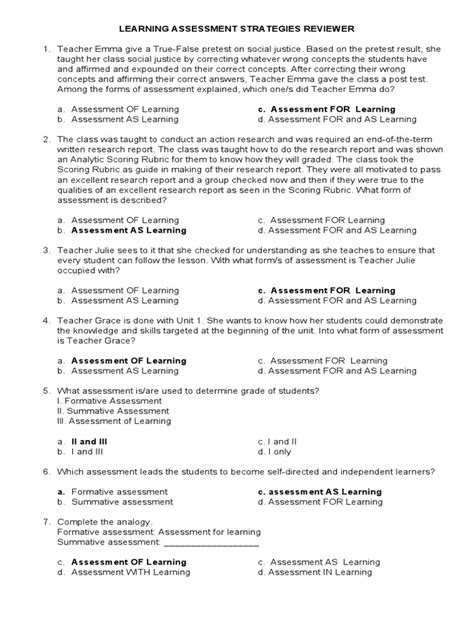 Learning Assessment Strategies Reviewer Pdf Educational Assessment Learning