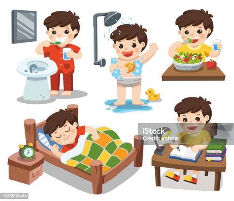 กิจวัตรประจําวันของเด็กน่ารักบนพื้นหลังสีขาว นอน แปรงฟัน อาบน้ํา กินสลัด อ่าน เวกเตอร์ที
