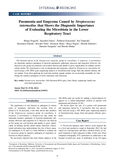 Pdf Pneumonia And Empyema Caused By Streptococcus Intermedius That Shows The Diagnostic