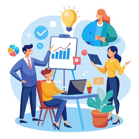 Team Collaborating On Project With Growth Chart Idea Light Bulb And Laptop Premium Ai