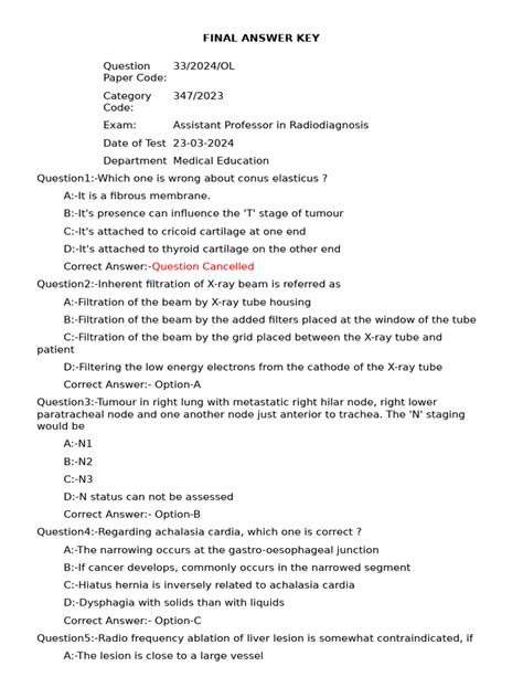 Final Answer Key Asst Profeesor Radiodiagnosis Pdf Magnetic Resonance Imaging Medical