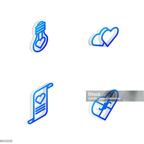 아이소메트릭 라인 하트 전구 모양 발렌타인 하트와 사탕 모양의 상자 아이콘봉투를 설정합니다 벡터 3차원 형태에 대한 스톡 벡터 아트 및 기타 이미지 Istock