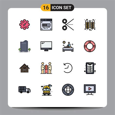 16 Universal Flat Color Filled Lines Set For Web And Mobile Applications Plant Building Scissors