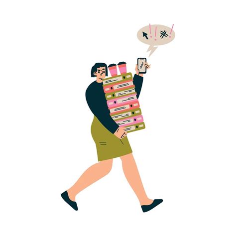 Multitasking Woman Character Doing Multiple Task Carry Pile Of Folder