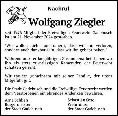 Traueranzeigen Von Wolfgang Ziegler Trauer Nordkurier