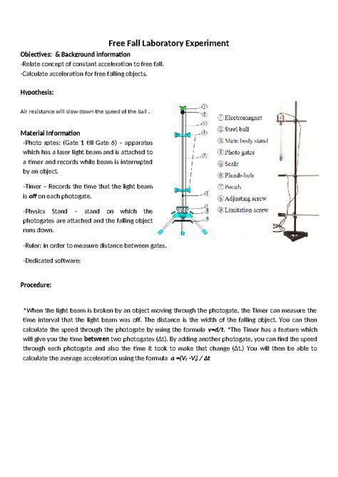 Free Fall Lab Worksheet Free Fall Laboratory Experiment Objectives Background Information