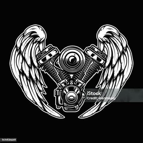 조각 스타일의 날개가있는 트윈 엔진의 그림 포스터 카드 배너 기호 엠블럼을위한 디자인 요소 벡터 일러스트 레이 션 오토바이에 대한 스톡 벡터 아트 및 기타 이미지 Istock