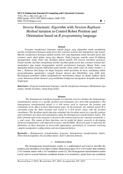 Pdf Inverse Kinematic Algorithm With Newton Raphson Method Iteration To Control Robot Position