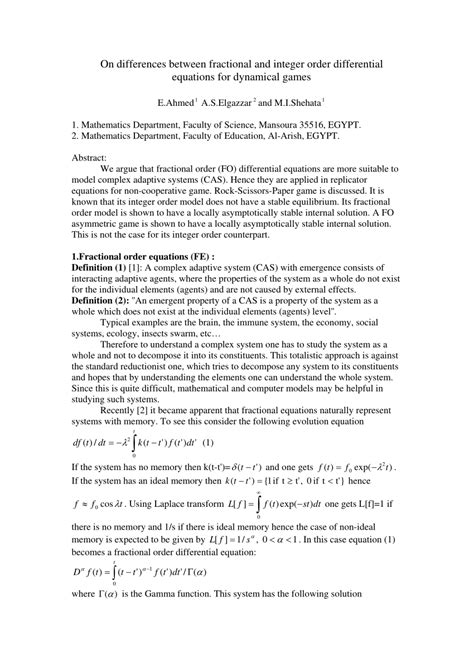 Pdf On Differences Between Fractional And Integer Order Differential Equations For Dynamical Games