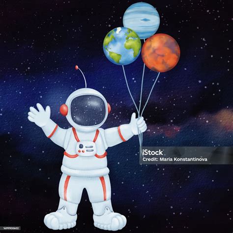 우주를 테마로 한 카드 우주 비행사는 행성 풍선의 꽃다발과 함께 무한한 별이 빛나는 하늘을 배경으로 서 있습니다 생일 초대장