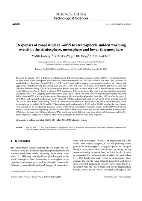 Pdf Responses Of Zonal Wind At ~40°n To Stratospheric Sudden Warming