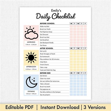 Lista De Verificación Diaria Editable Para Niños Imprimible Tabla