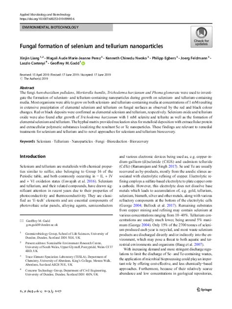 Pdf Fungal Formation Of Selenium And Tellurium Nanoparticles