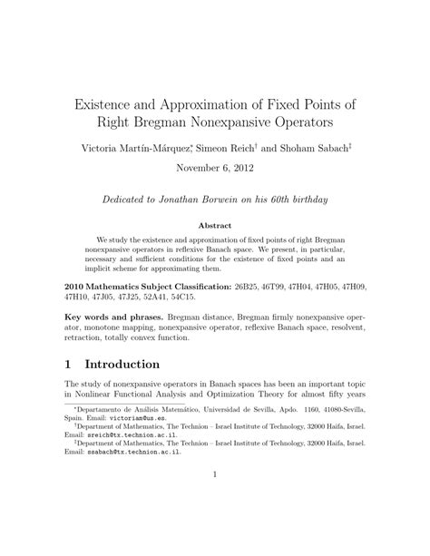 Pdf Existence And Approximation Of Fixed Points Of Right Bregman Nonexpansive Operators