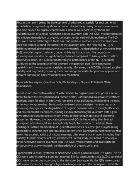 Nanozyme Coated Quantum Dots For Enhanced Photocatalytic Degradation Of Organic Pollutants Pdf