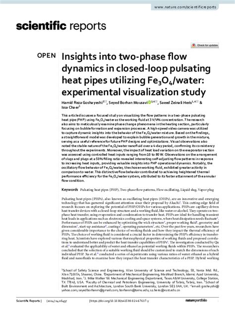 Pdf Insights Into Two Phase Flow Dynamics In Closed Loop Pulsating Heat Pipes Utilizing Fe 3 O