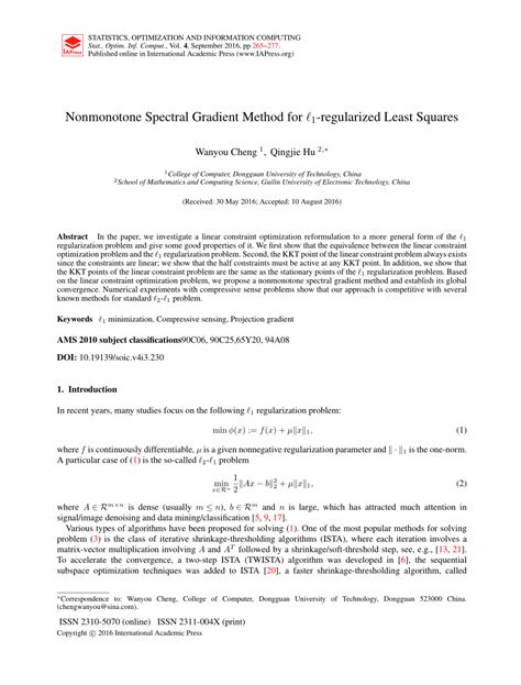 pdf nonmonotone spectral gradient method for l 1 regularized least