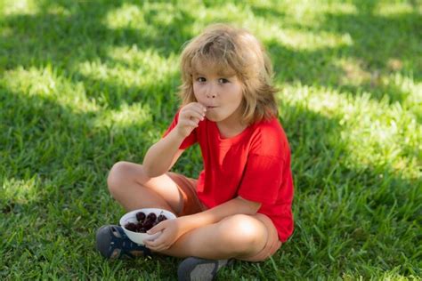 Garoto Senta Na Grama E Come Cereja Garotinho Bonitinho Comendo Cerejas Fazendo Caretas E