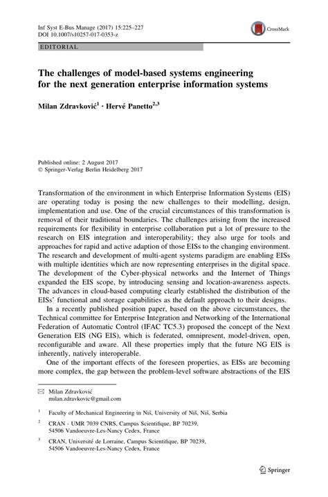 Pdf The Challenges Of Model Based Systems Engineering For The Next