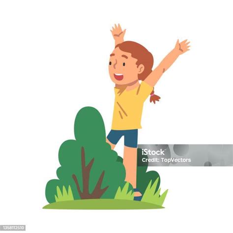 어린 소녀 재생 숨기기 와 추구 은폐 뒤에 부시 벡터 일러스트 개념에 대한 스톡 벡터 아트 및 기타 이미지 개념 긍정적인 감정 표현 놀기 Istock