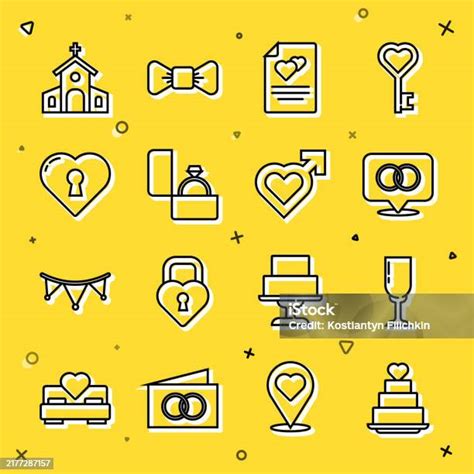 하트 웨딩 케이크 샴페인 잔 반지 인사말 카드 다이아몬드 약혼 하트 열쇠 구멍 교회 건물 및 남성 성별 아이콘을 설정합니다 벡터 3월에 대한 스톡 벡터 아트 및 기타 이미지