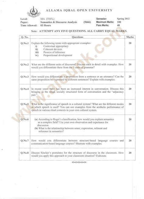 Semantics And Discourse Analysis Code 5666 Level Ma Tefl ~ Aiou Old Paper Aioupkcom