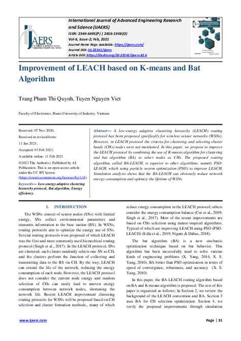 Pdf Improvement Of Leach Based On K Means And Bat Algorithm Ijaers