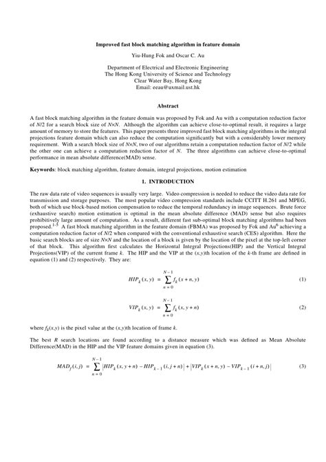 pdf improved fast block matching algorithm in feature domain