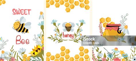 야생화가있는 해피 꿀벌 벌집이있는 유리 항아리 꿀 야생화 귀여운 꿀벌 해바라기 카모마일 브랜드 로고 라벨 엽서에 대한 구성 벡터 일러스트레이션 컴퓨터 그래픽에 대한 스톡