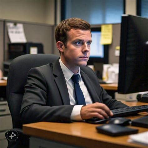 A Man In A Suit Sits At A Desk In Front Of A Computer Monitor Premium Ai Generated Image