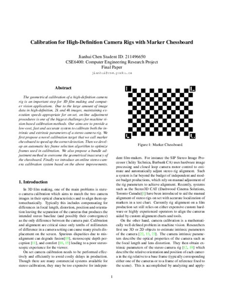 Pdf Calibration For High Definition Camera Rigs With Marker Chessboard
