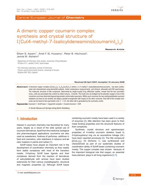 Pdf A Dimeric Copper Coumarin Complex Synthesis And Crystal