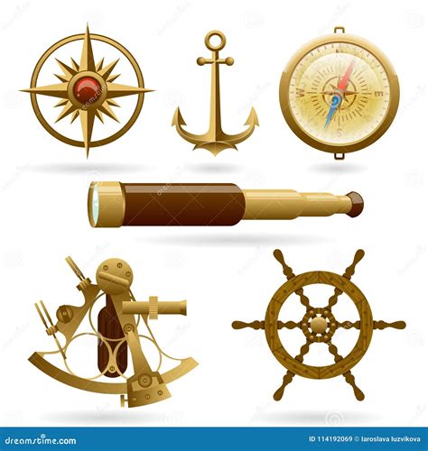Vector Marine Navigation Icon Set Isolated On White Background Windrose Anchor Compass And