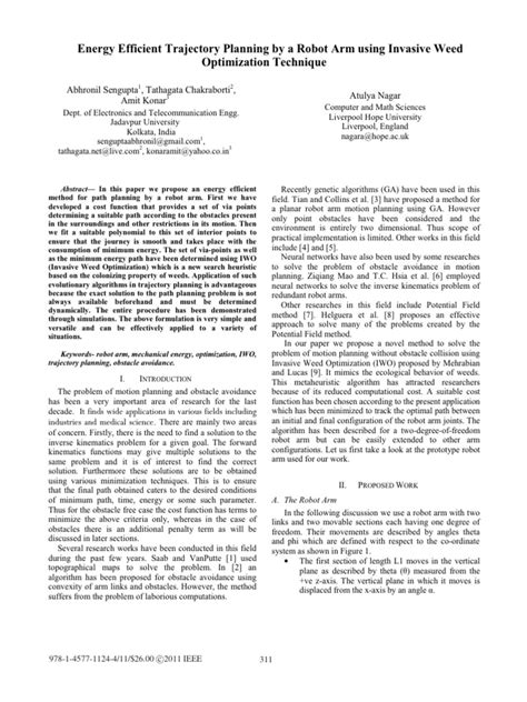 2011 Energy Efficient Trajectory Planning By A Robot Arm Using Invasive Weed Optimization