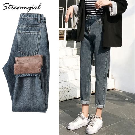 Черные Теплые джинсы с высокой талией женские утепленные флисовые шаровары джинсовые штаны