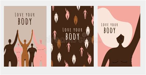 Set Of Positive Naked Women Posters With Different Body Types And Skin Colors Body Hair Body