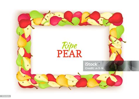 맛 있는 배 과일 가로 사각형 색된 프레임 구성 됩니다 벡터 카드 그림입니다 포장 디자인 식품 주스 잼 아이스크림 스무디 해독 화장품 크림을 위한 배 프레임 0명에 대한
