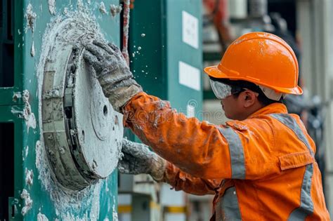 Worker In Safety Gear Performing Maintenance On Heavy Machinery In Industrial Setting
