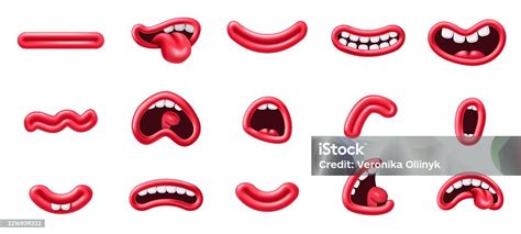 만화 입 표현 3d 캐릭터 입 코믹하고 재미있는 입술 플라스틱 미소 말하고 소리치고 웃는 입 모양 치아와 혀 고립된 벡터 일러스트 레이 션 세트 3차원 형태에 대한 스톡
