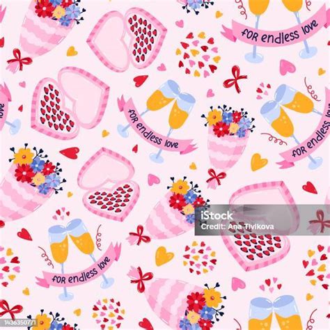 하트 모양의 초콜릿 상자 클링크 안경 꽃다발이있는 벡터 매끄러운 손으로 그린 패턴 발렌타인 데이 일러스트레이션 포장지 침구 노트북 패키지 선물 용지 14에 대한 스톡 벡터