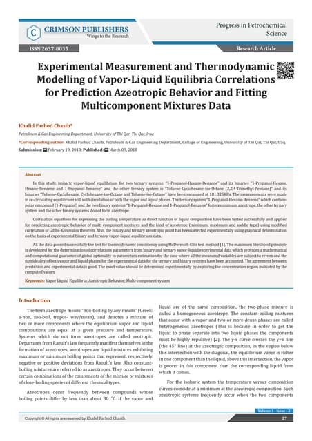 Experimental Measurement And Thermodynamic Modelling Of Vapor Liquid