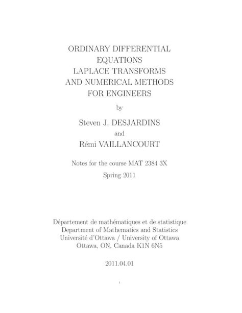 Pdf Ordinary Differential Equations Laplace Transform And Numerical Methods Dokumen Tips