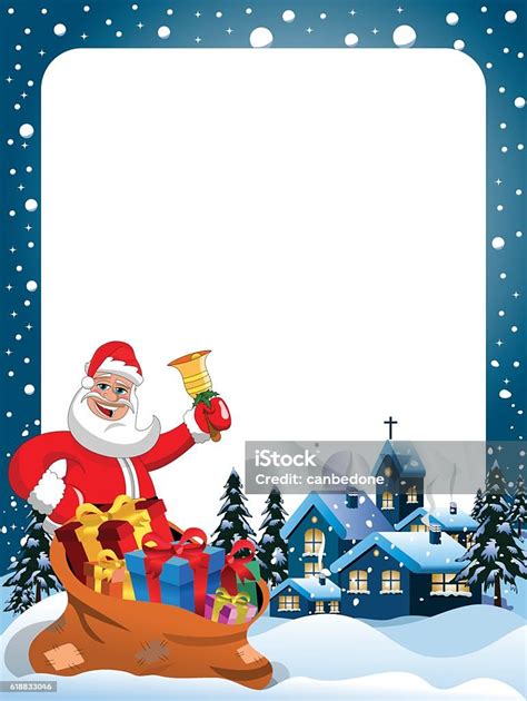 크리스마스 밤에 산타 클로스 울리는 종을 가진 크리스마스 프레임 마을에 대한 스톡 벡터 아트 및 기타 이미지 마을 크리스마스 프레임 Istock